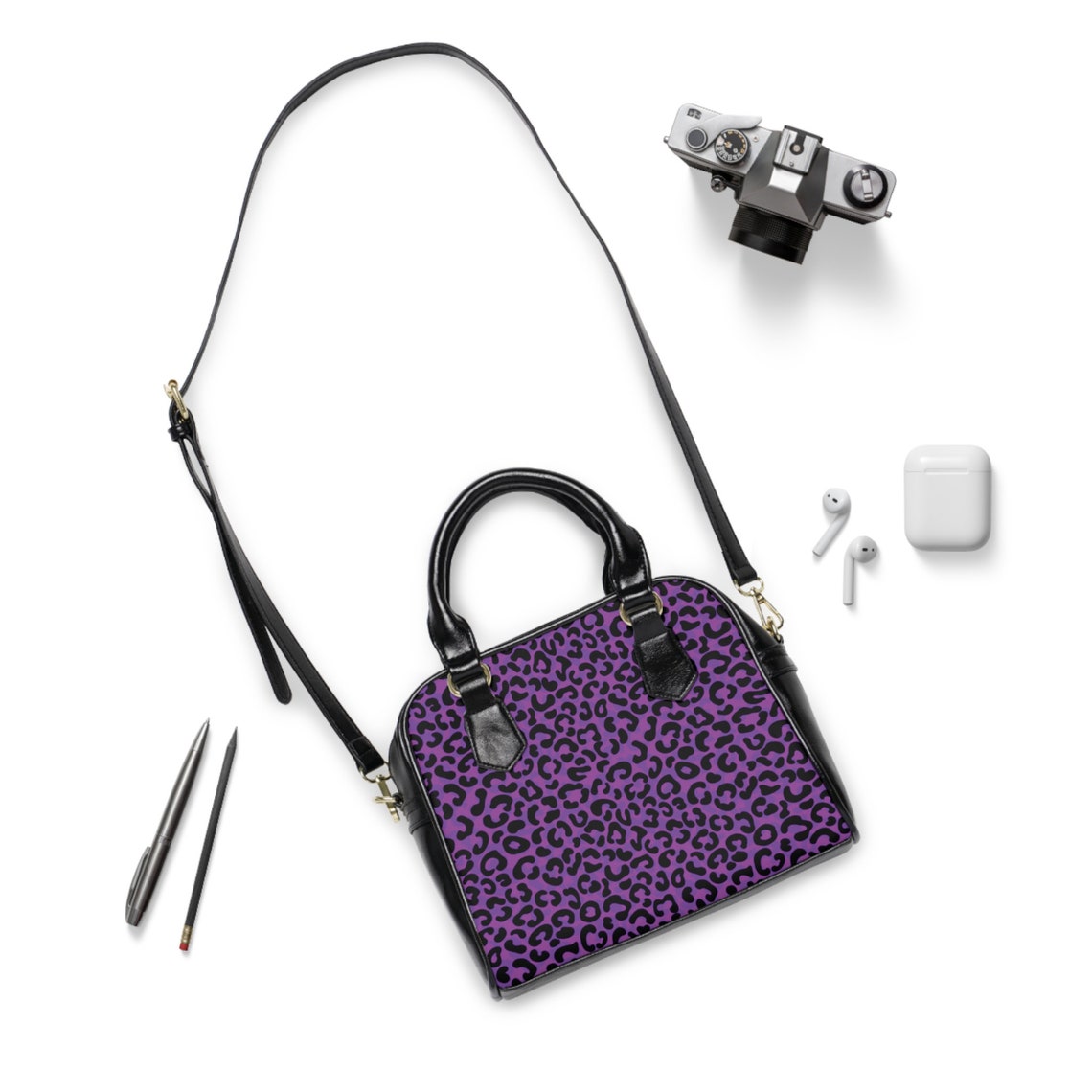 Purple and Black Leopard Animal Print Crossbody Shoulder Convertible PU ...