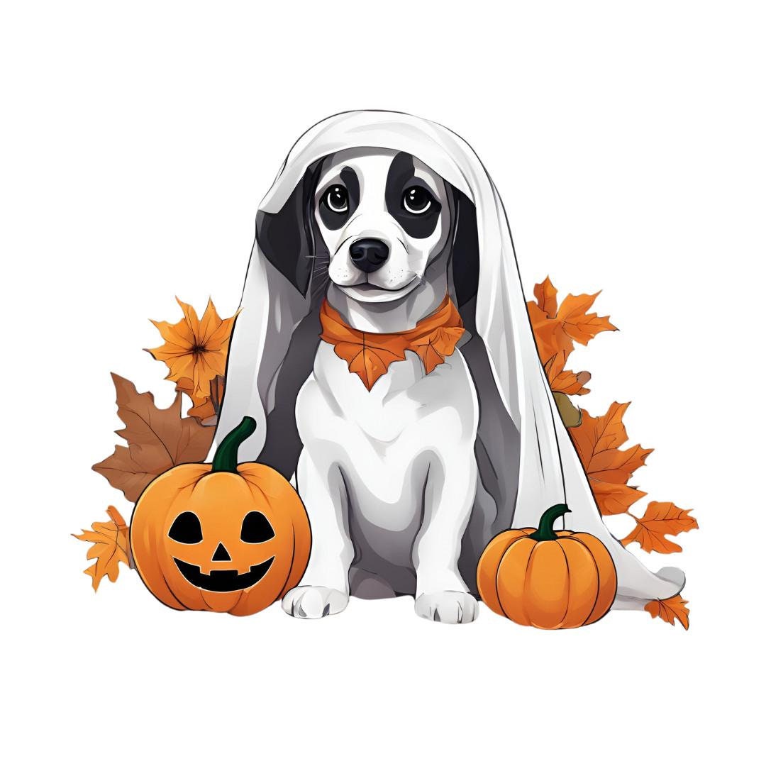 Cute Halloween Dog Digital Art, Adorable Puppy With Pumpkins, Ghost Dog ...