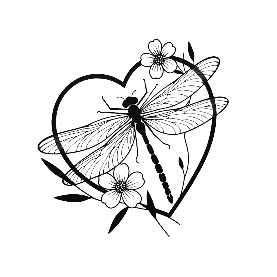 Dragonfly Floral Heart Vector Art, Digital Download PNG SVG, Black and ...