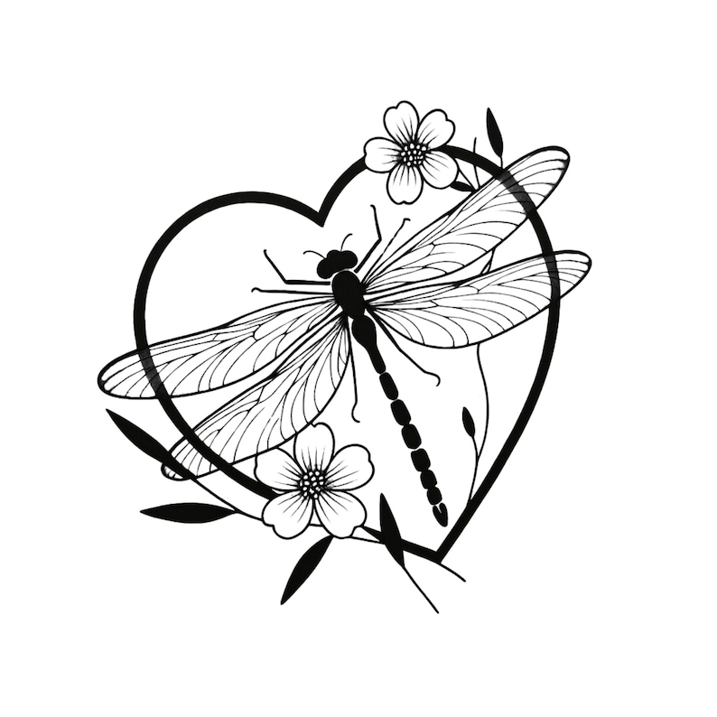 Dragonfly Floral Heart Vector Art, Digital Download PNG SVG, Black and ...