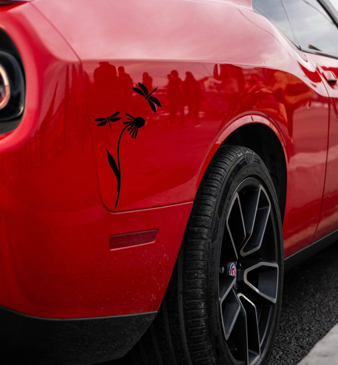 Minimalist Wildflower & Dragonfly Car Decal | Elegant Botanical Line ...