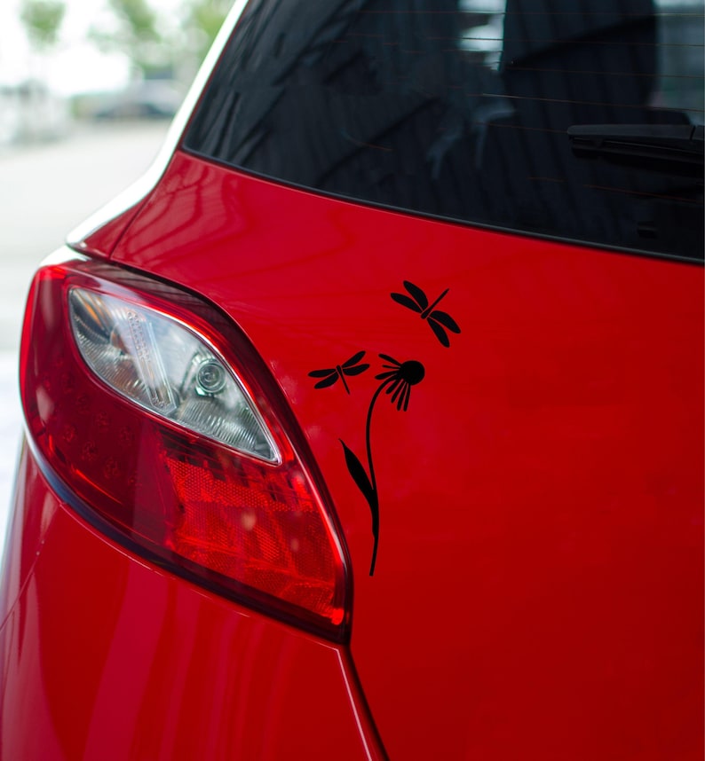 Minimalist Wildflower & Dragonfly Car Decal | Elegant Botanical Line ...