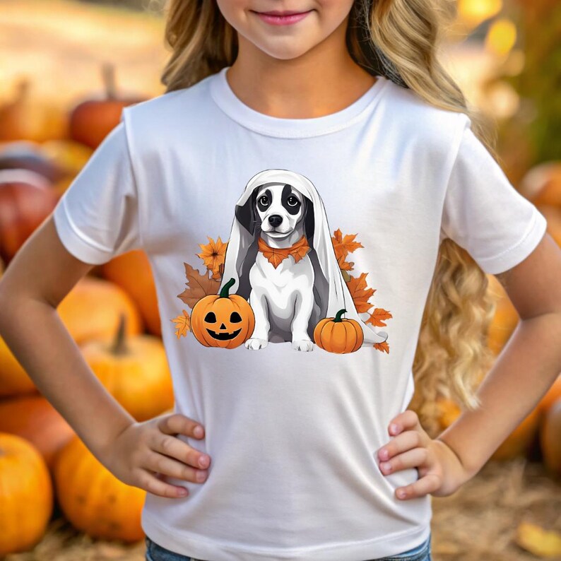 Cute Halloween Dog Digital Art, Adorable Puppy With Pumpkins, Ghost Dog ...