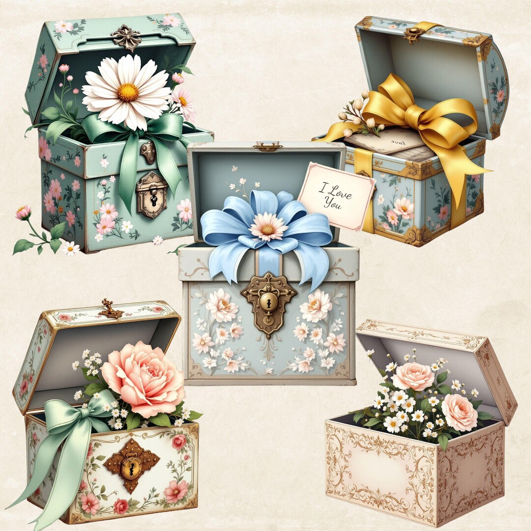 5 Floral Keepsake Gift Boxes Clipart, Shabby Chic Jewelry Boxes ...