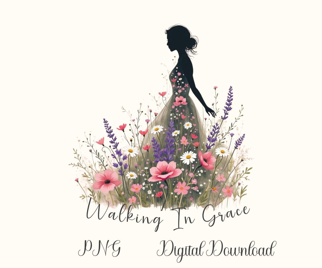 Walking in Grace PNG: Christian Woman Floral T-shirt Design (digital ...