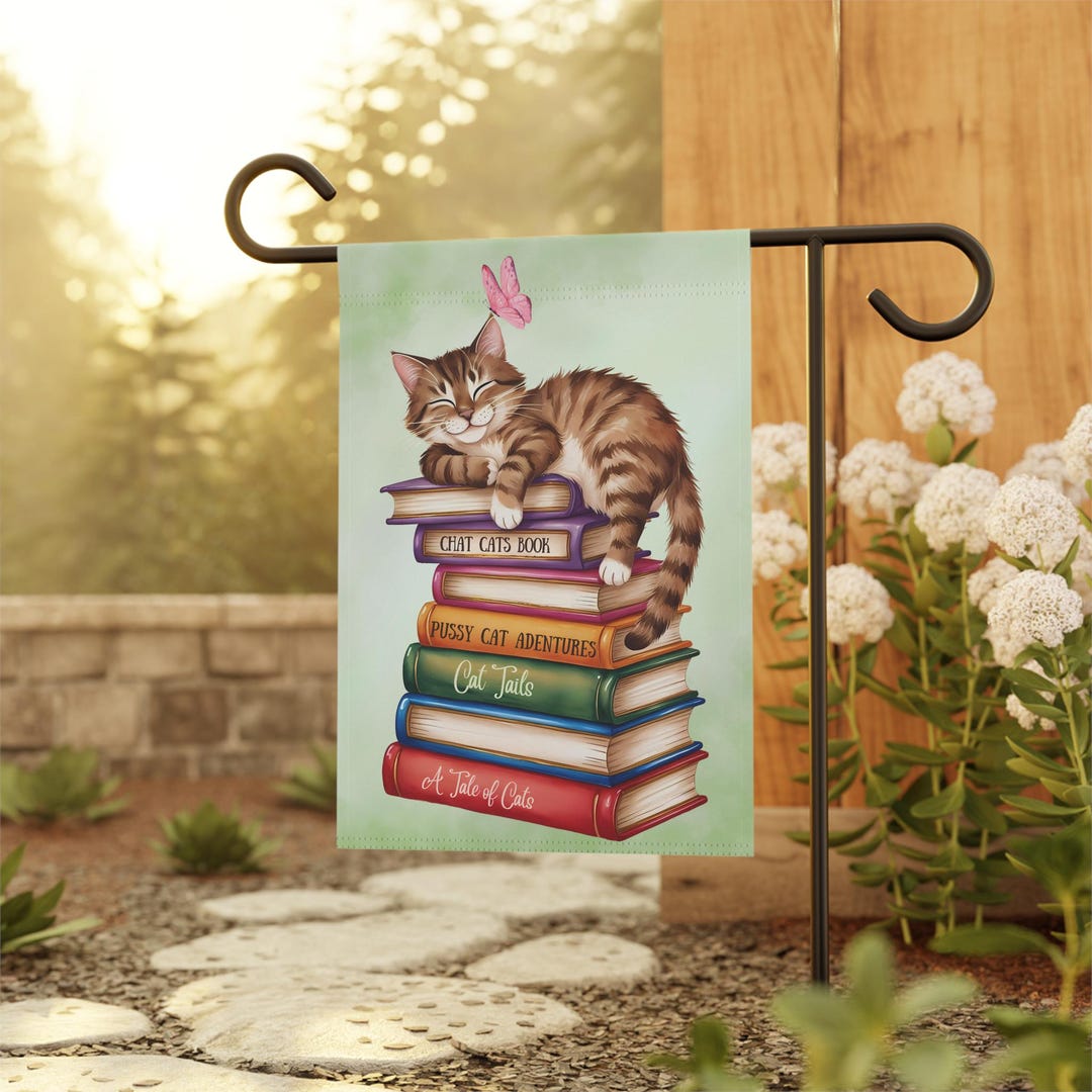 Cute Sleepy Kitty Yard Flag,little Free Library Flag,reading Garden ...