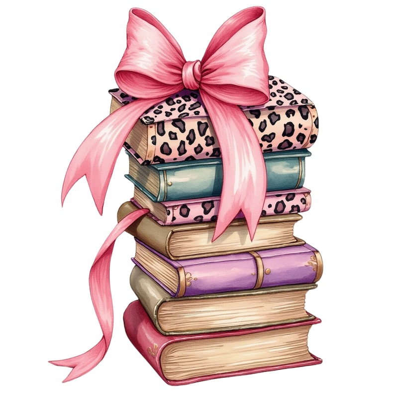 Cute Coquette Book Stack Digital PNG, Transparent Leopard Print Book ...