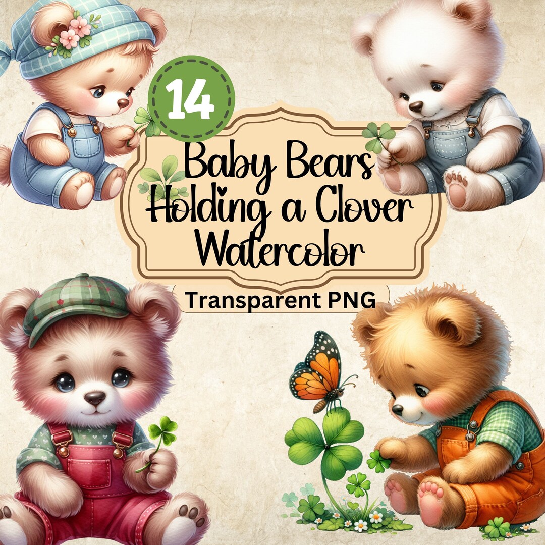 Watercolor Baby Bears PNG, St Patty Bear Clip Art, Shamrock Teddy Bears ...