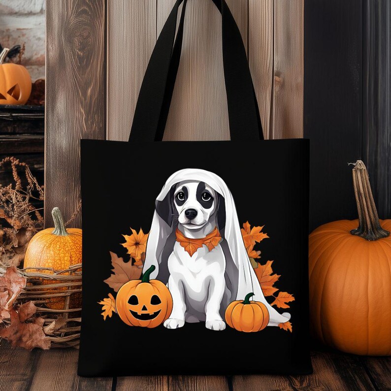 Cute Halloween Dog Digital Art, Adorable Puppy With Pumpkins, Ghost Dog ...