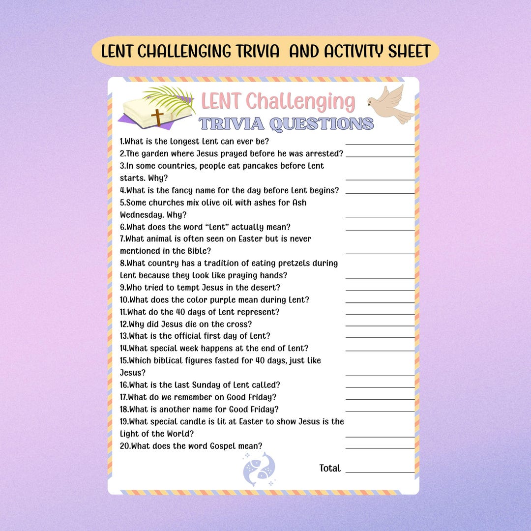 Lent Trivia Game and Activity Sheet, Sunday School Games, Bible Trivia ...