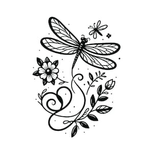 Dragonfly Floral Clipart, Black and White Dragonfly, Dragonfly SVG PNG ...