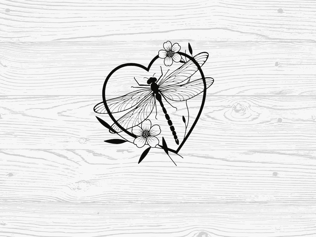 Dragonfly Floral Heart Vector Art, Digital Download PNG SVG, Black and ...