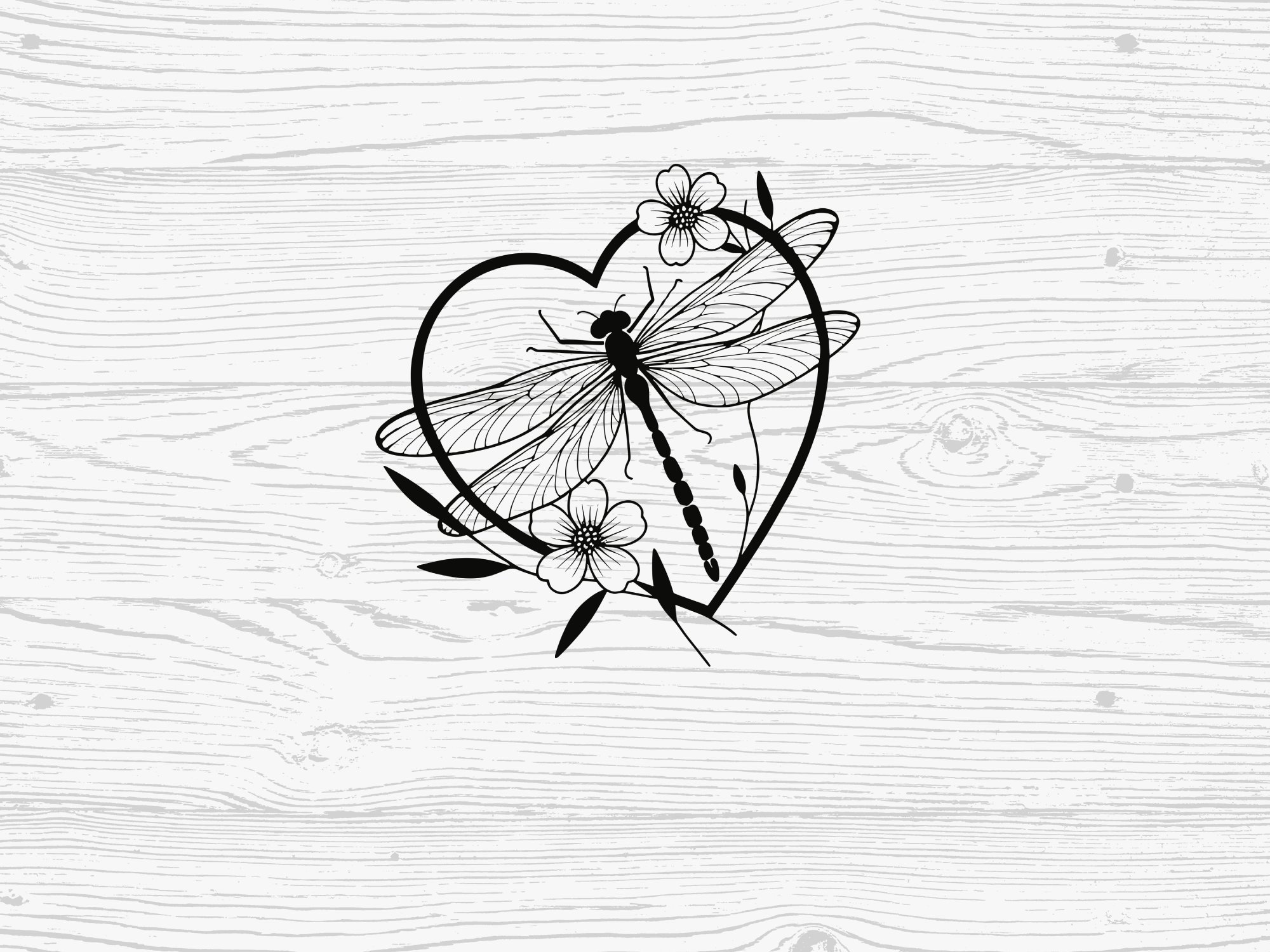 Dragonfly Floral Heart Vector Art, Digital Download PNG SVG, Black and ...