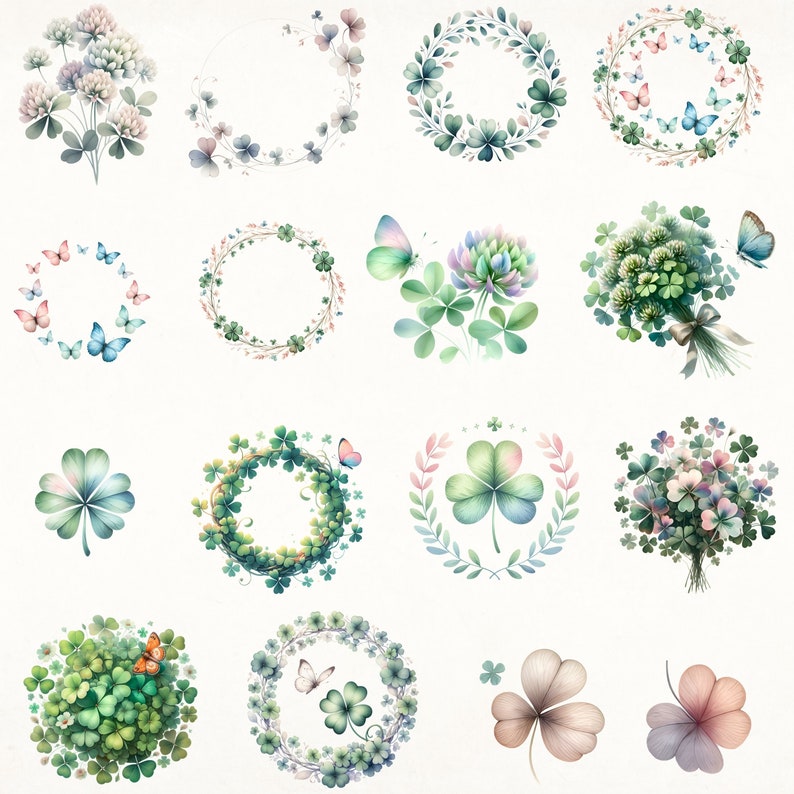 Watercolor Four-leaf Clover Bouquet Clipart,butterfly and Clover ...
