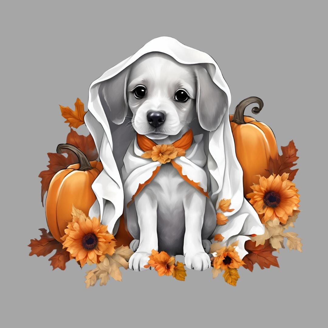 Cute Puppy Halloween Digital Art, Autumn Dog Clip Art, Ghost Puppy PNG ...