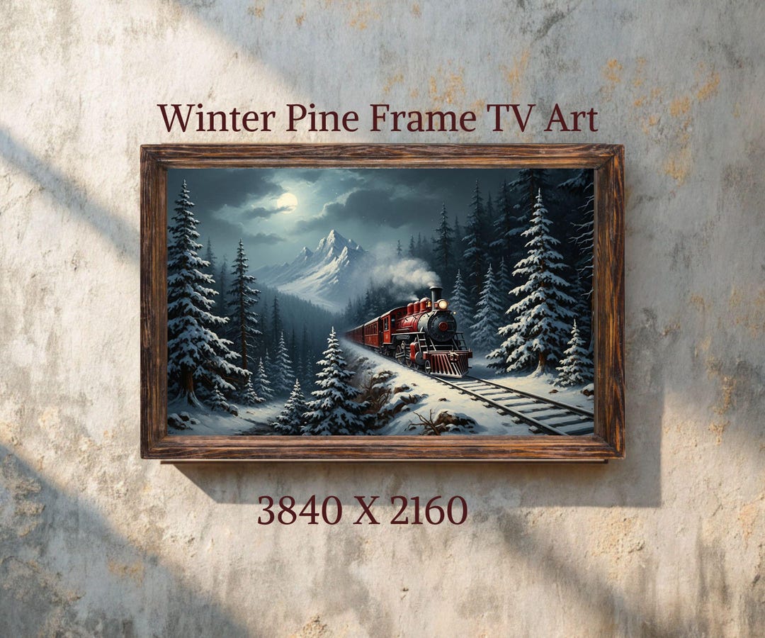 Winter Locomotive Capped Pines Frame TV Art, Moody Christmas Digital ...
