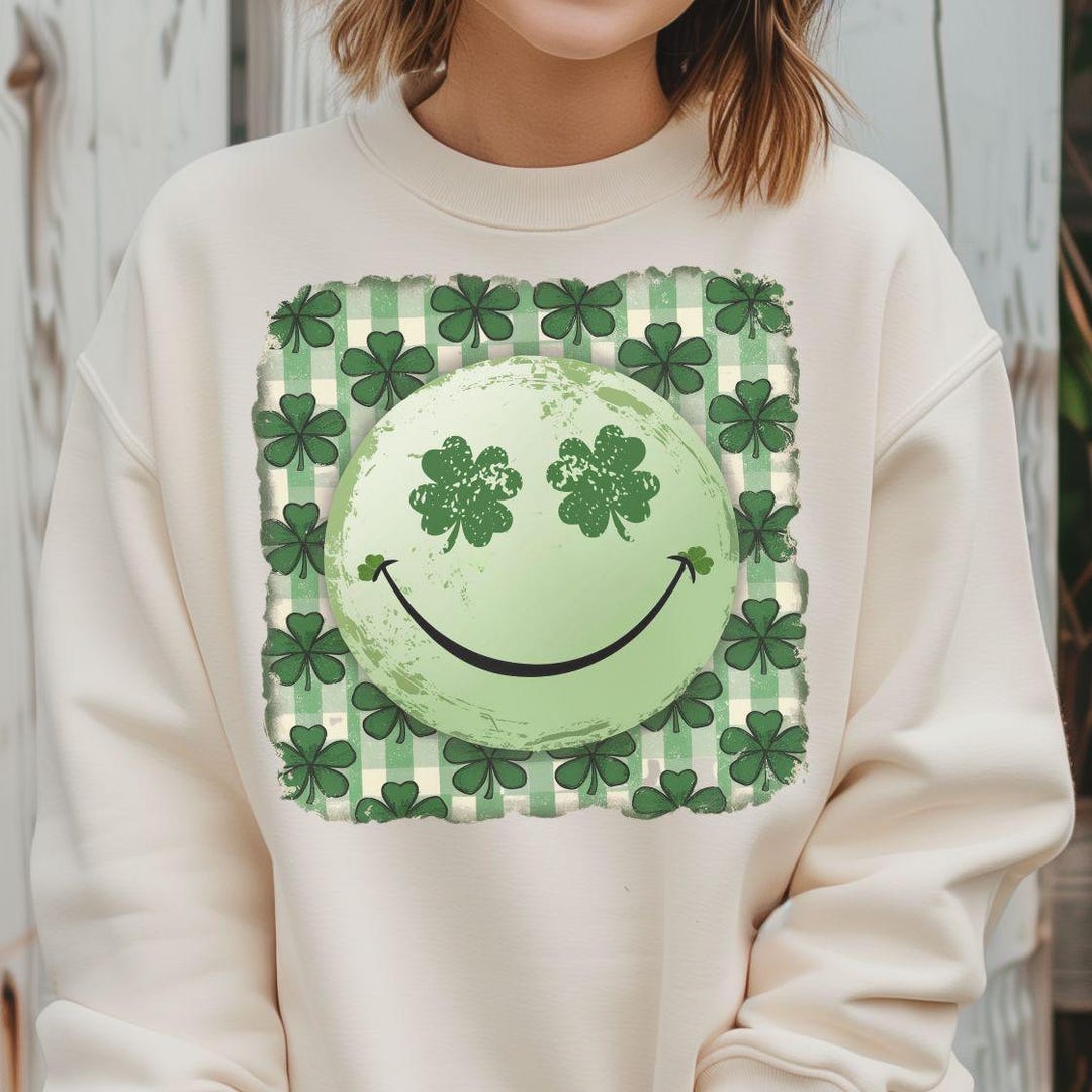 Checkered Clover Smiley Face PNG, ST Patrick Happy Face PNG, Retro St ...