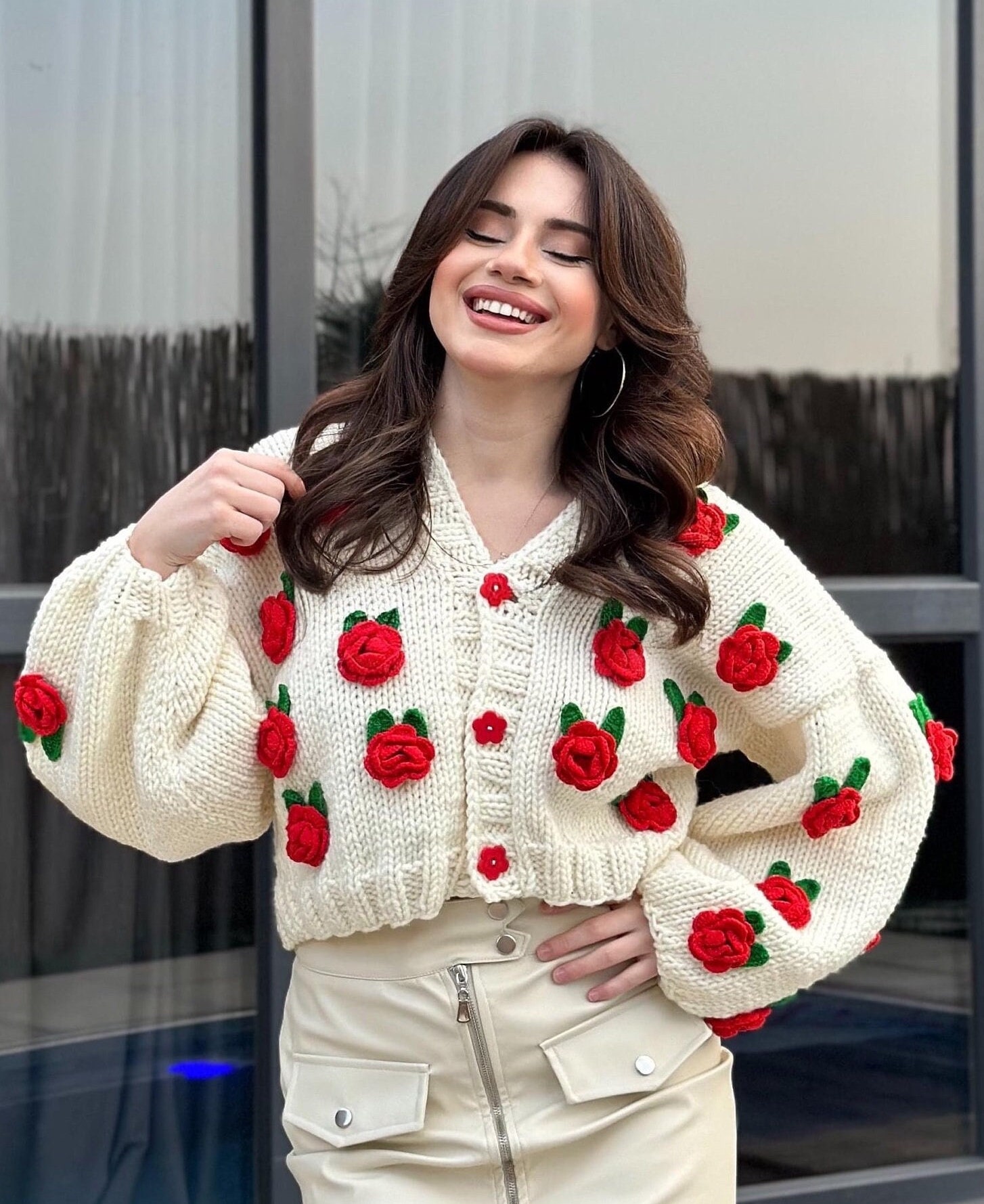 Women Cardigan,trendy Chunky Cropped Folklore Cardigan, Winter Roses ...