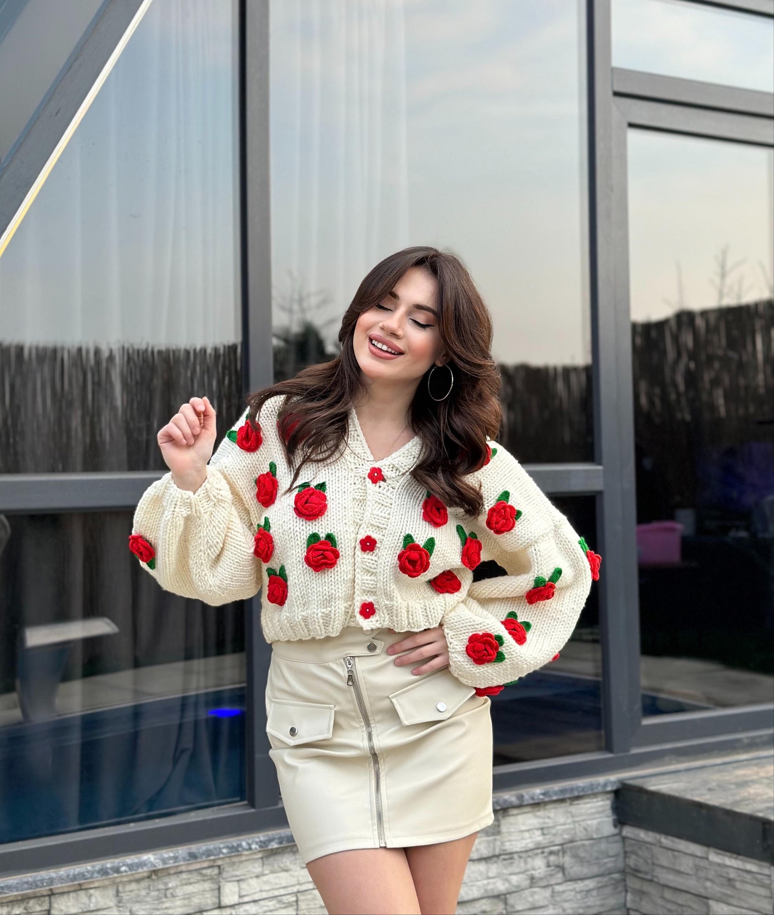 Women Cardigan,trendy Chunky Cropped Folklore Cardigan, Winter Roses ...