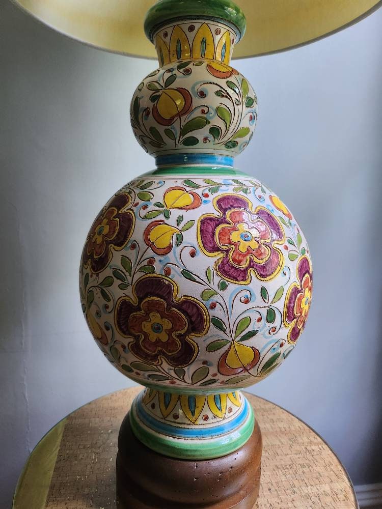 Vintage Italian Sgraffito Pottery Table Lamp, Large Ceramic Floral Lamp ...