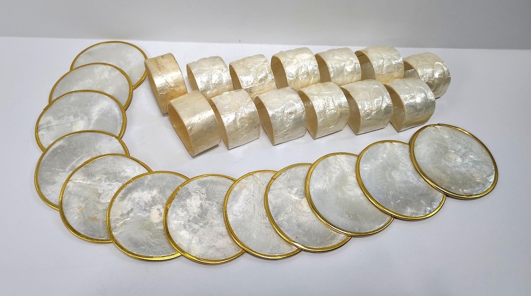 Vintage Capiz Shell Coasters and Napkin Rings, Tableware Service for 12 ...