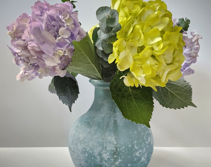 Spanish Recycled Glass Vase, Distressed Blue Flower Vase, Fat Bottle ...
