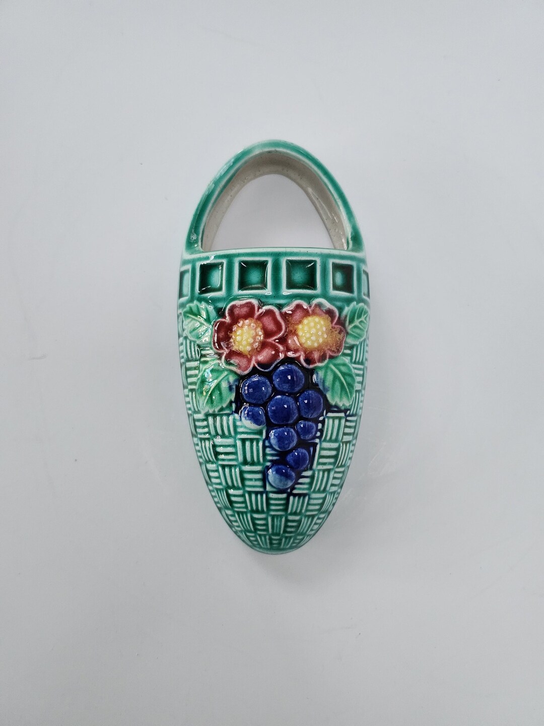 Vintage Ceramic Wall Pocket, Decorative Wall Art Hanging, Floral Grapes ...