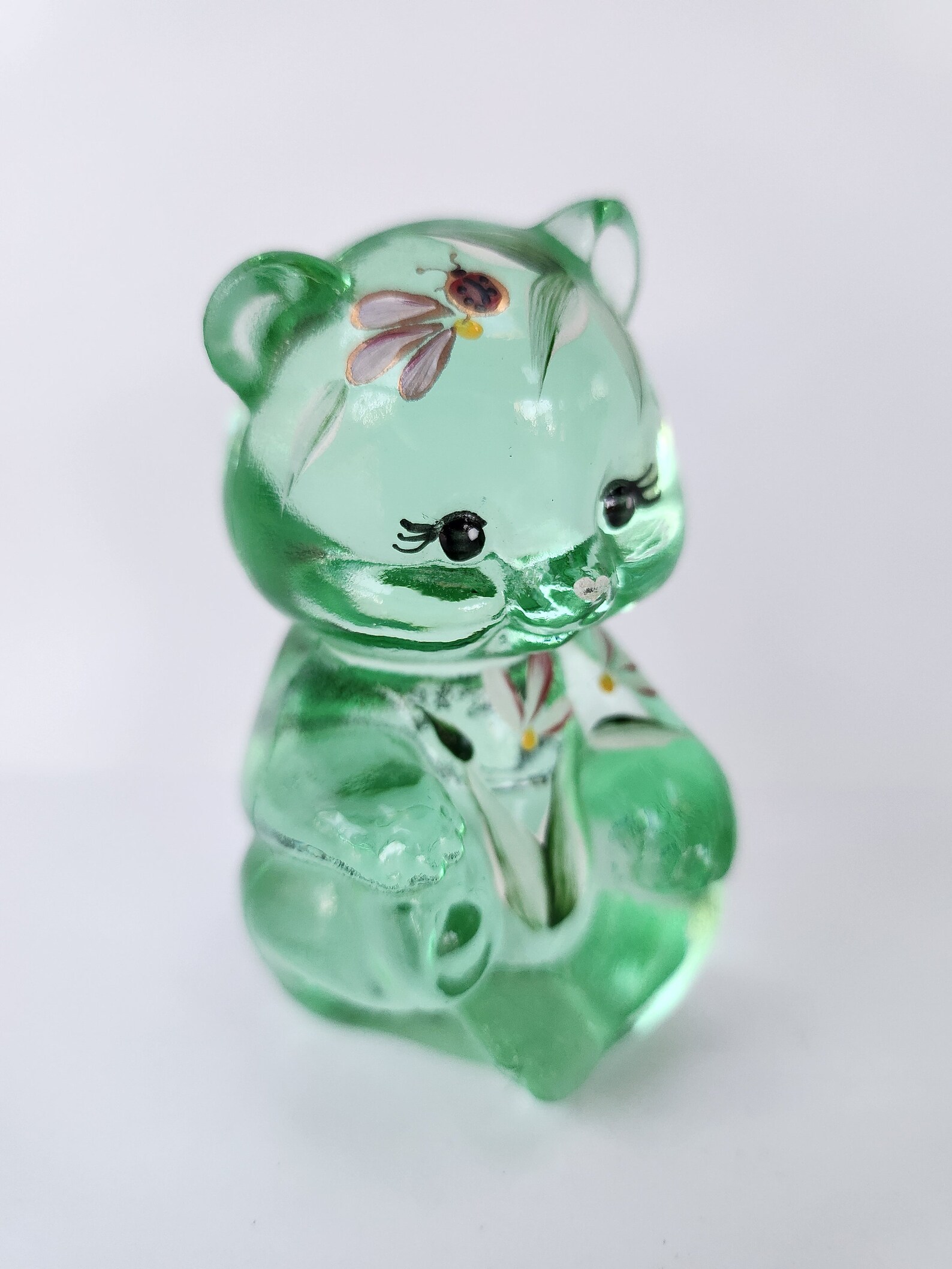 Vintage Fenton Glass Green Bear Figurine, Collectible Handpainted Bear ...