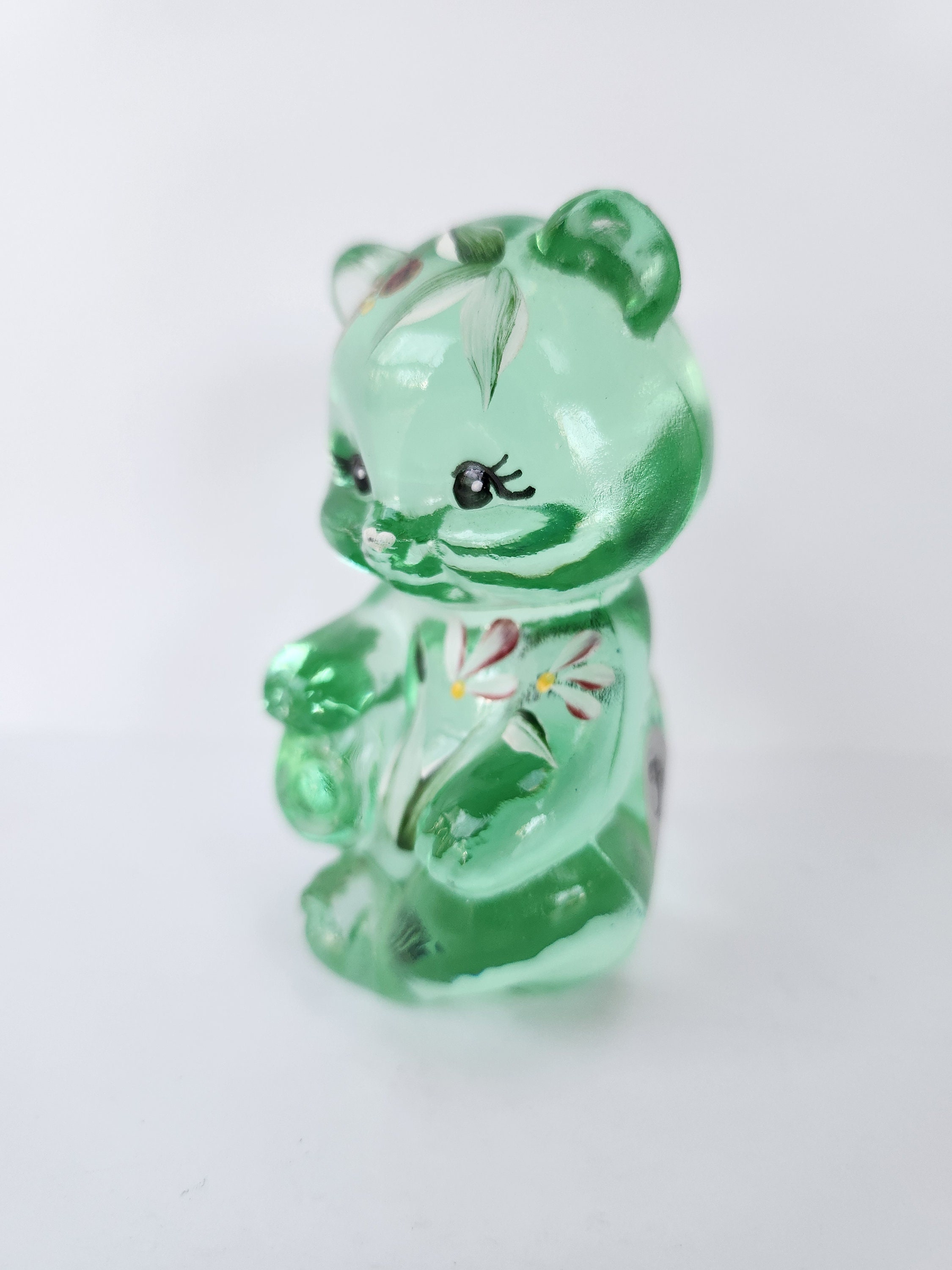 Vintage Fenton Glass Green Bear Figurine, Collectible Handpainted Bear ...