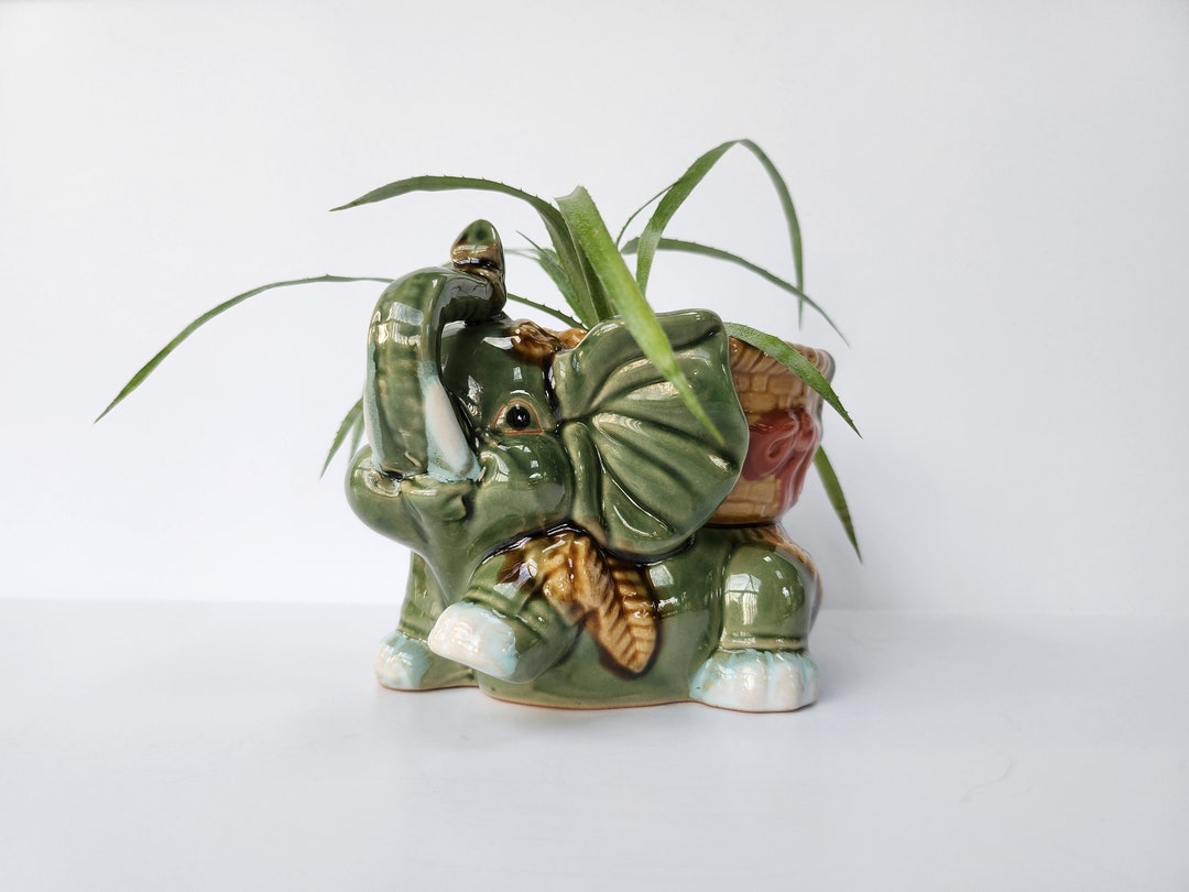 Vintage Lucky Elephant Planter Pot, Ceramic Green Elephant With Basket ...
