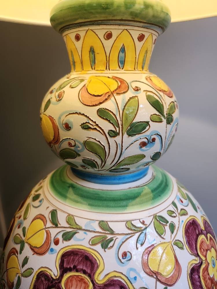 Vintage Italian Sgraffito Pottery Table Lamp, Large Ceramic Floral Lamp ...