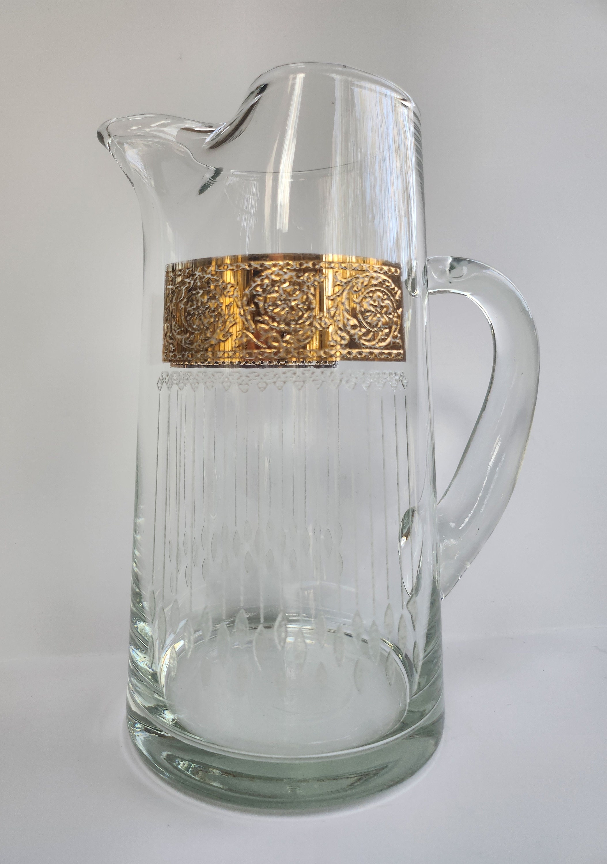 Vintage Mid Century Glass Cocktail Pitcher, Gilded Design With Etching ...