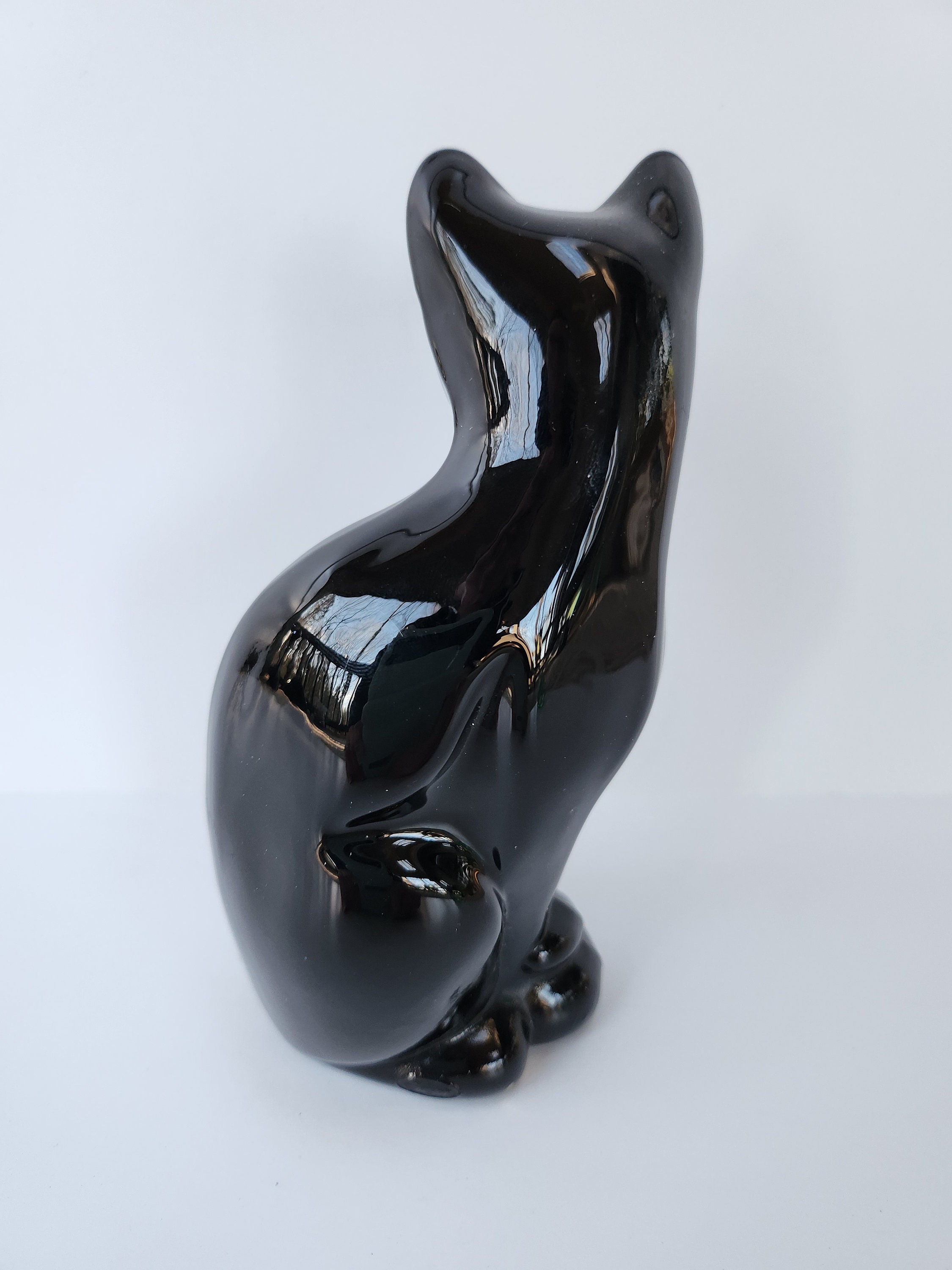 Vintage Fenton Glass Black Cat Figurine, Collectible Handpainted Cat ...