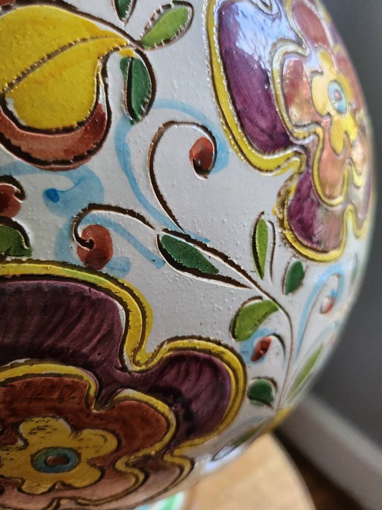 Vintage Italian Sgraffito Pottery Table Lamp, Large Ceramic Floral Lamp ...