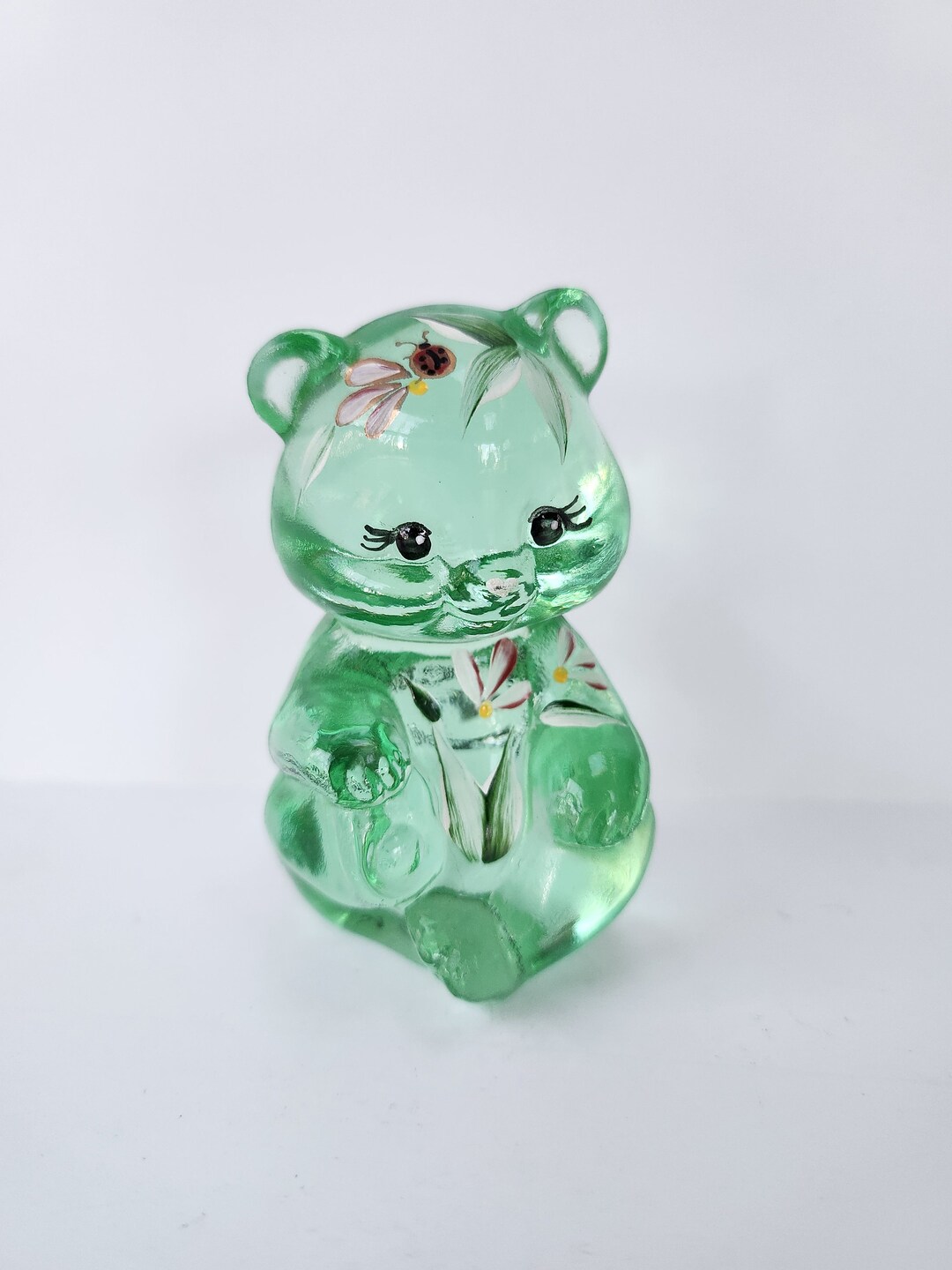 Vintage Fenton Glass Green Bear Figurine, Collectible Handpainted Bear ...