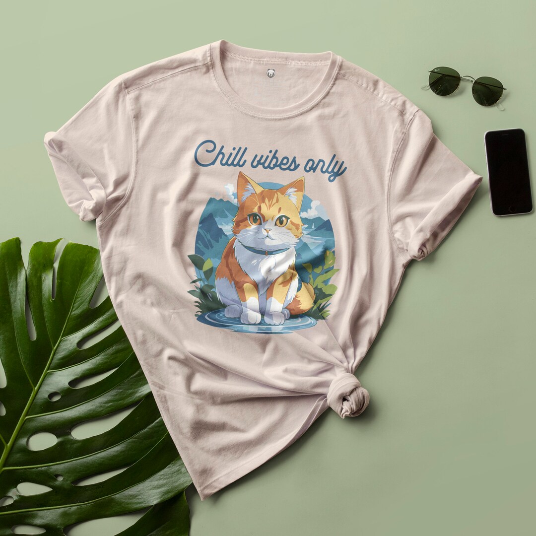 Cute Cat Chill Vibes Only Graphic Art Tee, Mountain View, Nature Scenic ...