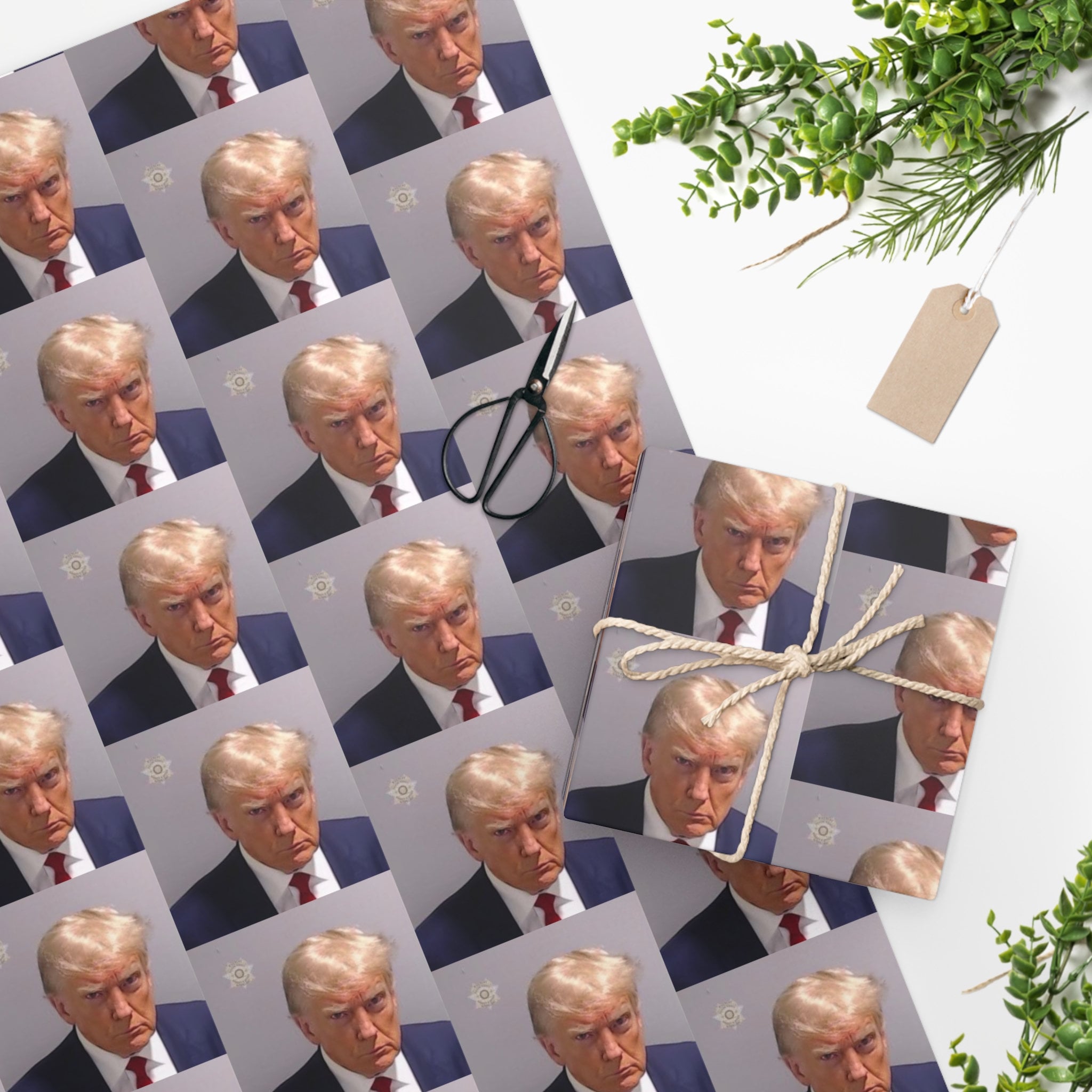 Donald Trump Mugshot Christmas Wrapping Paper - Trump 2024 Save America ...