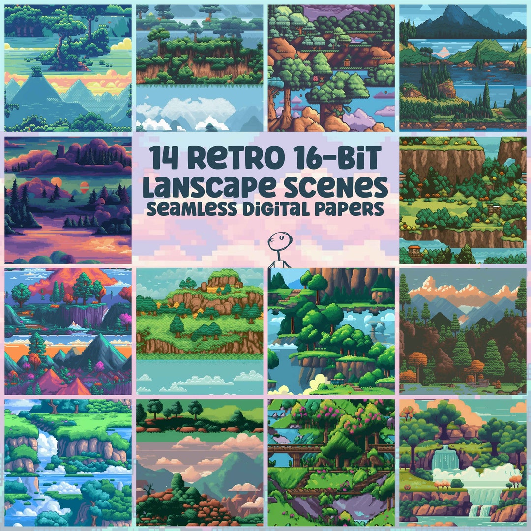 Retro 16-bit Landscape Digital Papers, Seamless Gaming Patterns ...