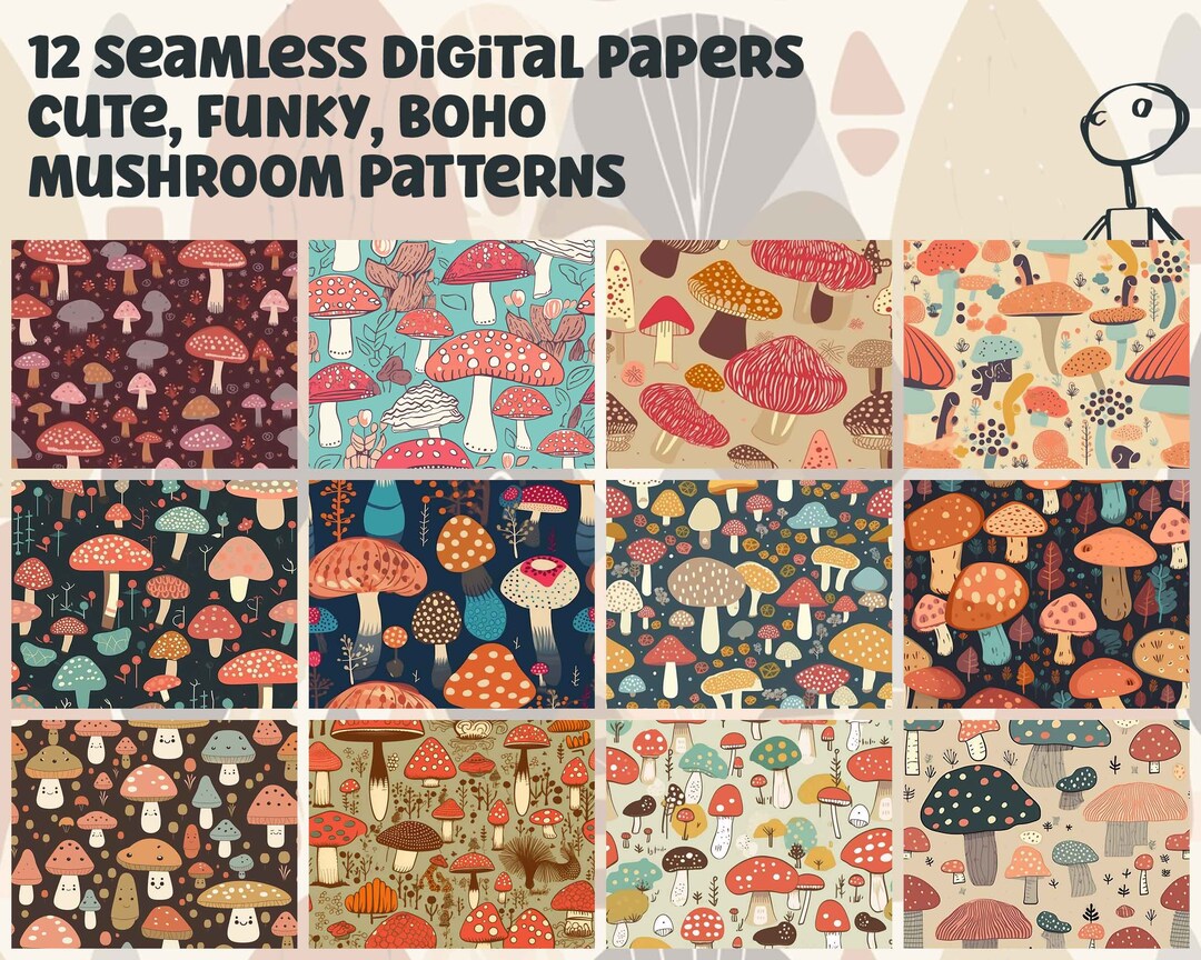 Cute Funky Boho Mushroom Print Digital Papers , Seamless Pattern - Etsy