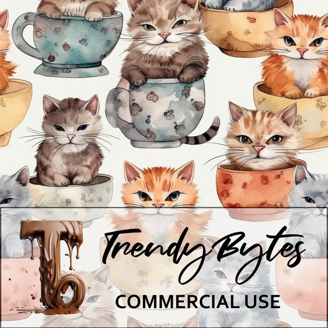 Cats in Teacups Watercolor Seamless Pattern Whimsical Digital Repeating ...