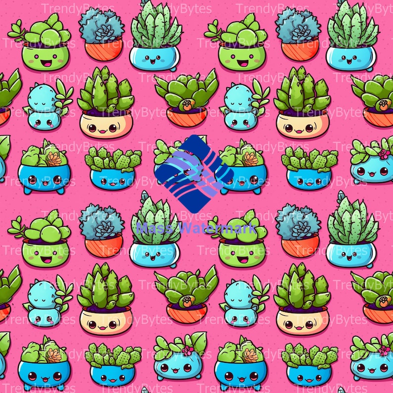 Chibi Succulents on Hot Pink Seamless Pattern Adorable & Vibrant Plant ...