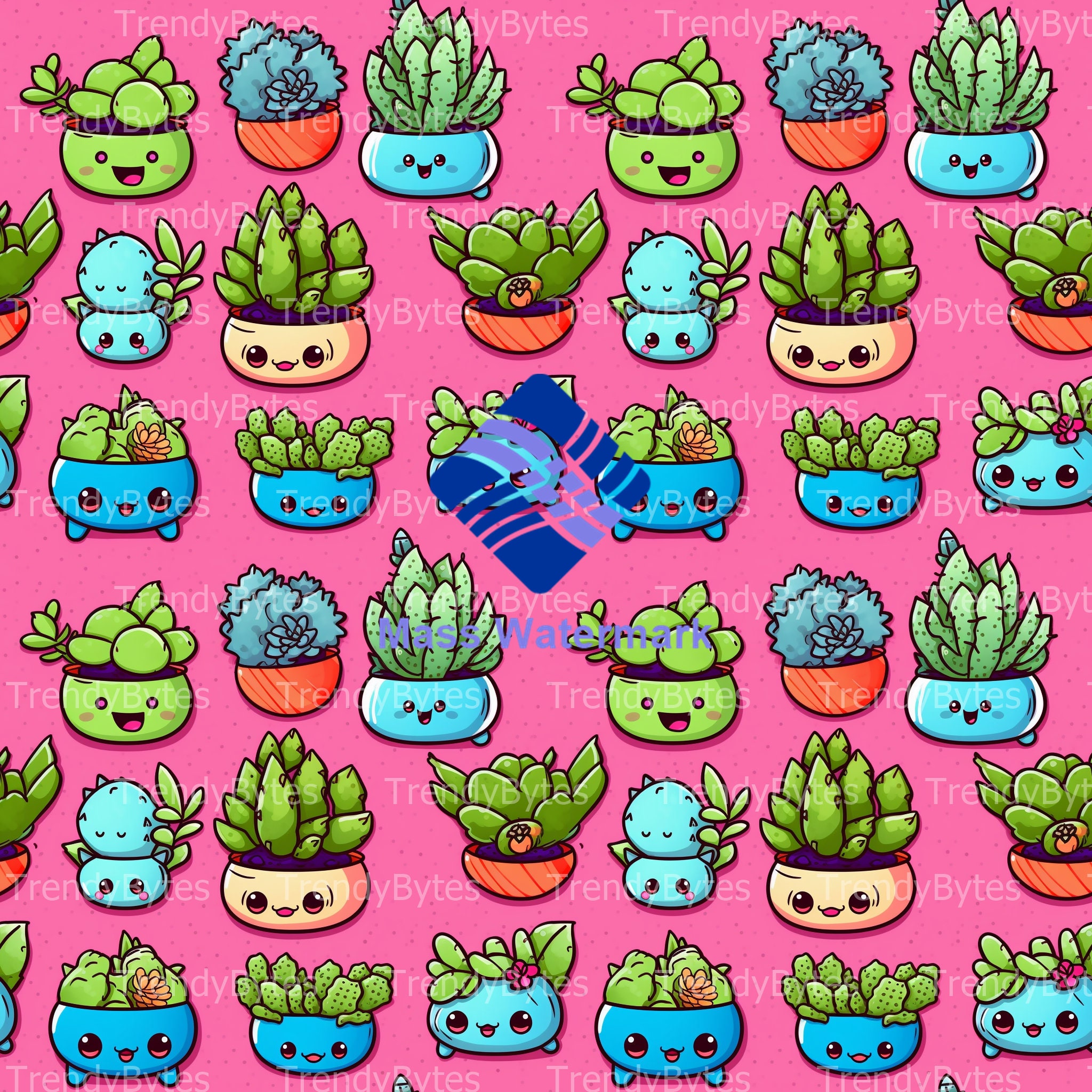 Chibi Succulents on Hot Pink Seamless Pattern Adorable & Vibrant Plant ...