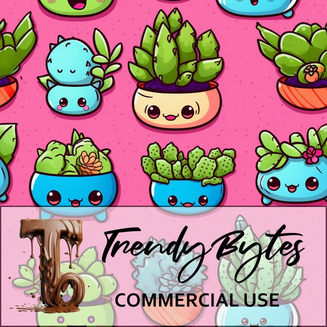 Chibi Succulents on Hot Pink Seamless Pattern Adorable & Vibrant Plant ...