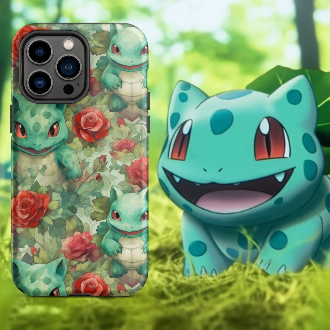 Bulbasaur's Garden Charming Pokémon and Roses Seamless Repeating ...
