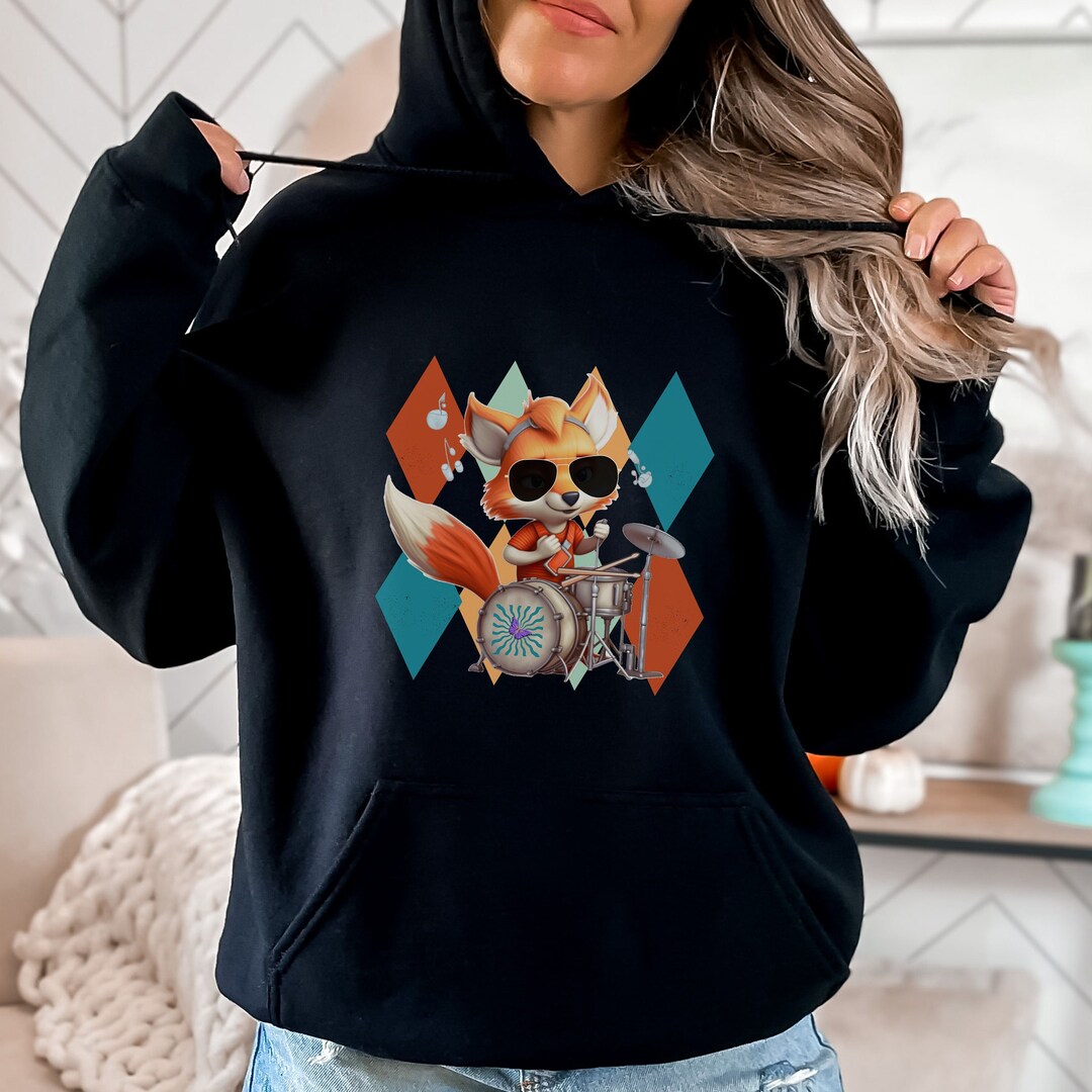 Fox Playing Drums Hooded Sweatshirt, Fox Lover Hooded Sweatshirt ...
