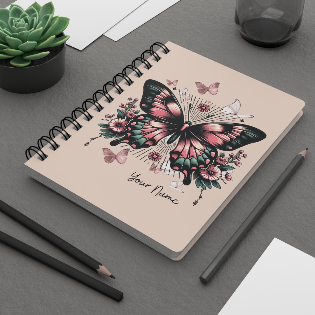 Personalized Mauve and Green Butterfly Spiral Bound Notebook, Butterfly ...