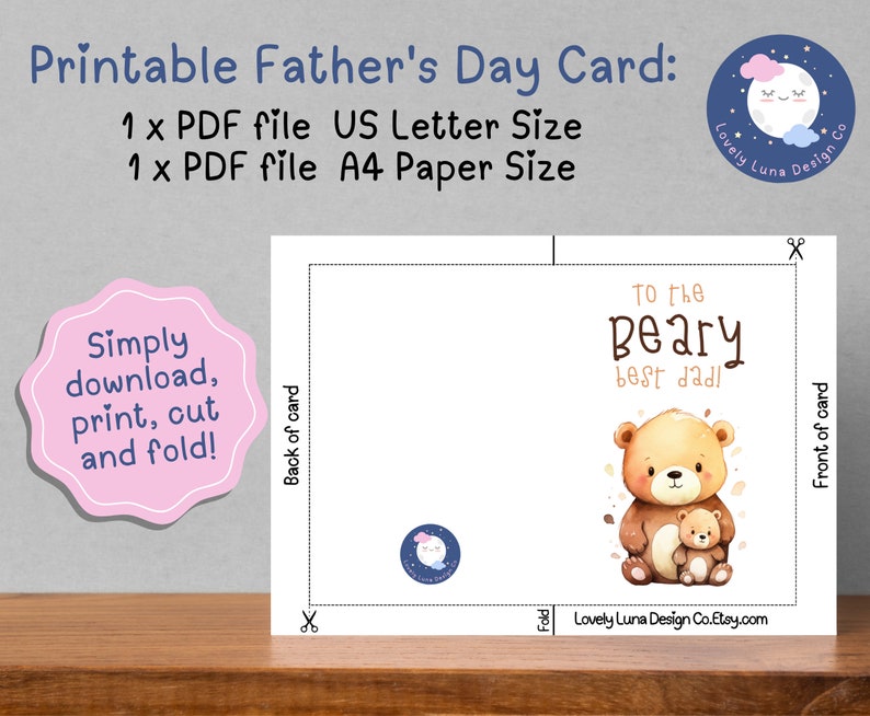 Cute Printable Father's Day Card to the Beary Best Dad Cute Watercolor ...