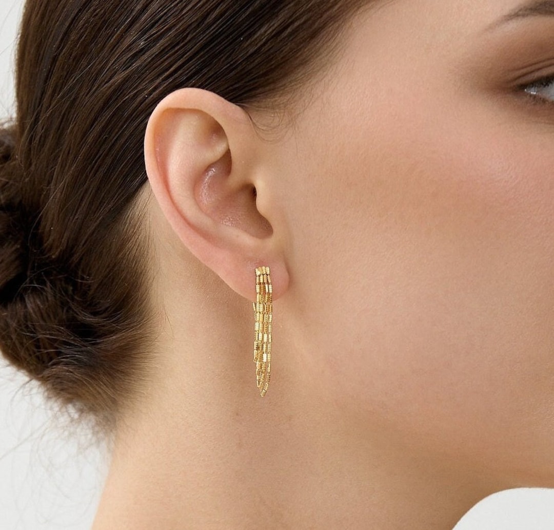 Gold Drape Chain Earrings Stud Dangling Chain Earrings Dainty Chain ...