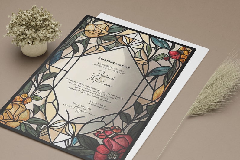 Floral Stained Glass Frame Digital Wedding Invitation - Handcrafted and ...