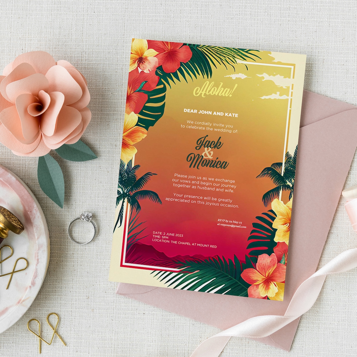 Tropical Paradise Hawaiian Wedding Invitation Hibiscus & Plumeria ...